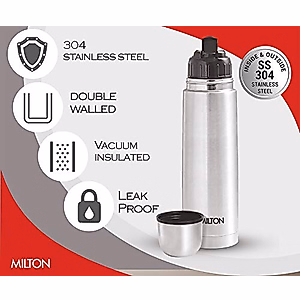 Milton Thermosteel Flip Lid Flask 500, Double Walled Vacuum Insulated 500 ml | 17 oz | 24 Hours Hot and Cold Water Bottle with Cover, 18/8 Stainless Steel, BPA Free, Food Grade, Leak-Proof | Silver