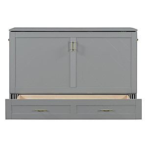 Harper & Bright Designs Queen Size Murphy Bed Wall Bed, Murphy Bed Chest Cube Cabinet Bed with USB, Charging Station and Large Storage Drawer for Home Office, Pulley Structure Design - Gray