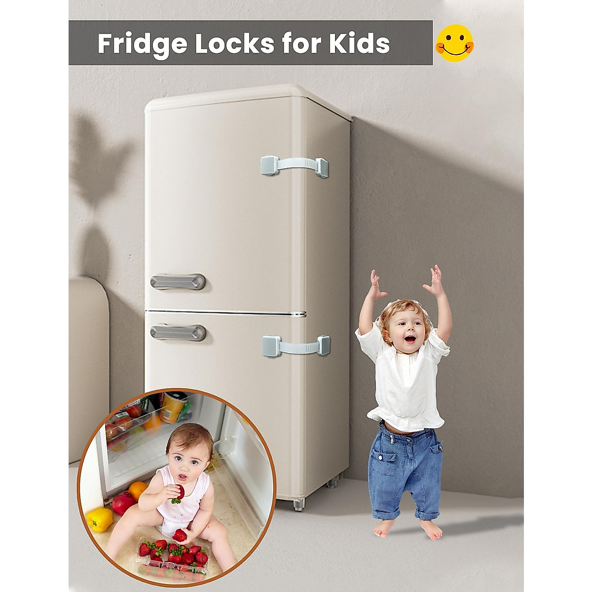 2 Pack Baby Proofing Safety Locks for Cabinet Drawer Fridge Oven Dishwasher Doors, Toilet Seat & Lid, Adjustable Furniture Latches and Straps, 3M Adhesive No Drilling and Button Unlock Design