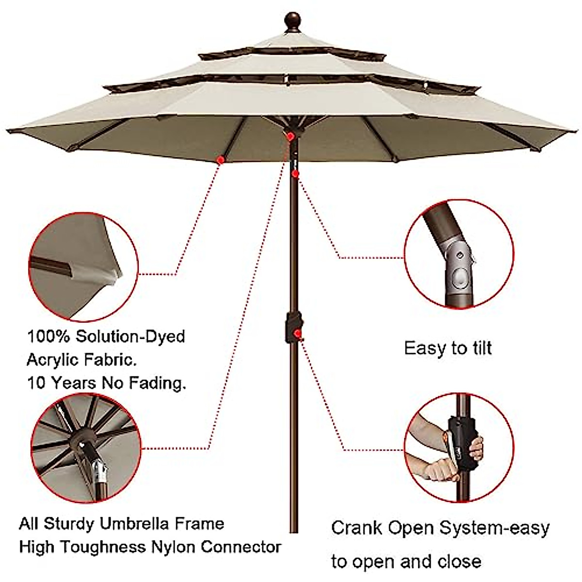 EliteShade USA 10-Year-Non-Fading Sunumbrella 9Ft 3 Tiers Market Umbrella Patio Umbrella Outdoor Table Umbrella with Ventilation,Antique Beige