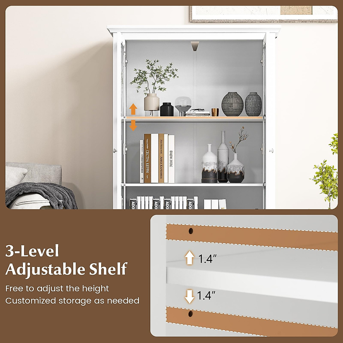 Giantex 55" White Bookcase with Doors and Drawer, Tall Wooden Bookshelf Organizer with Adjustable Shelves, Freestanding Glass Display Storage Cabinet for Living Room Bedroom Kitchen Pantry