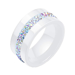 PAMTIER 10MM Classic Wide 2 Lines Rows CZ Crystal Ceramic Ring Women Wedding Band Multicolor Zircon White Size 7