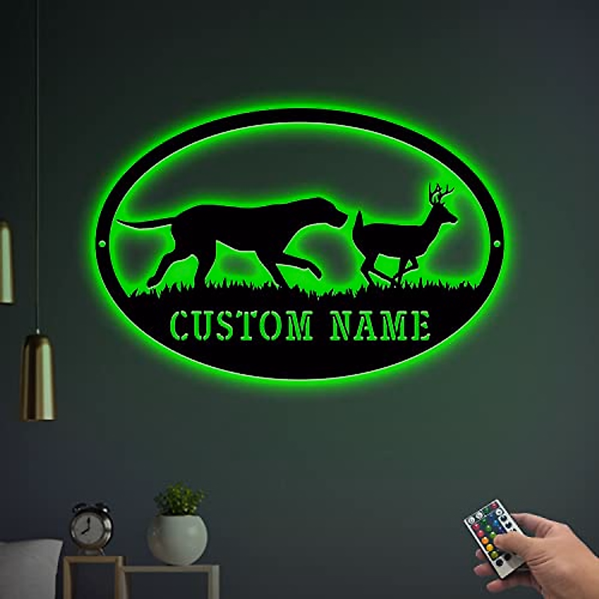 Rustic Home Decor, Foxhound with Deer Metal Wall with Lights, Deer Hunting Scene Metal Art, Metal Foxhound Decor, Dog Name Sign, Dog Name Sign,Front Door Decor