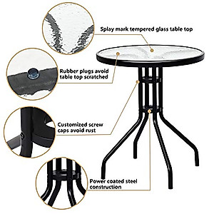 Goplus Patio Bistro Set, 3-Piece Patio Dining Furniture Set with Round Tempered Glass Table, 2 Foldable Chairs, Small Outdoor Folding Chairs & Table Set for Porch Garden Pool Yard