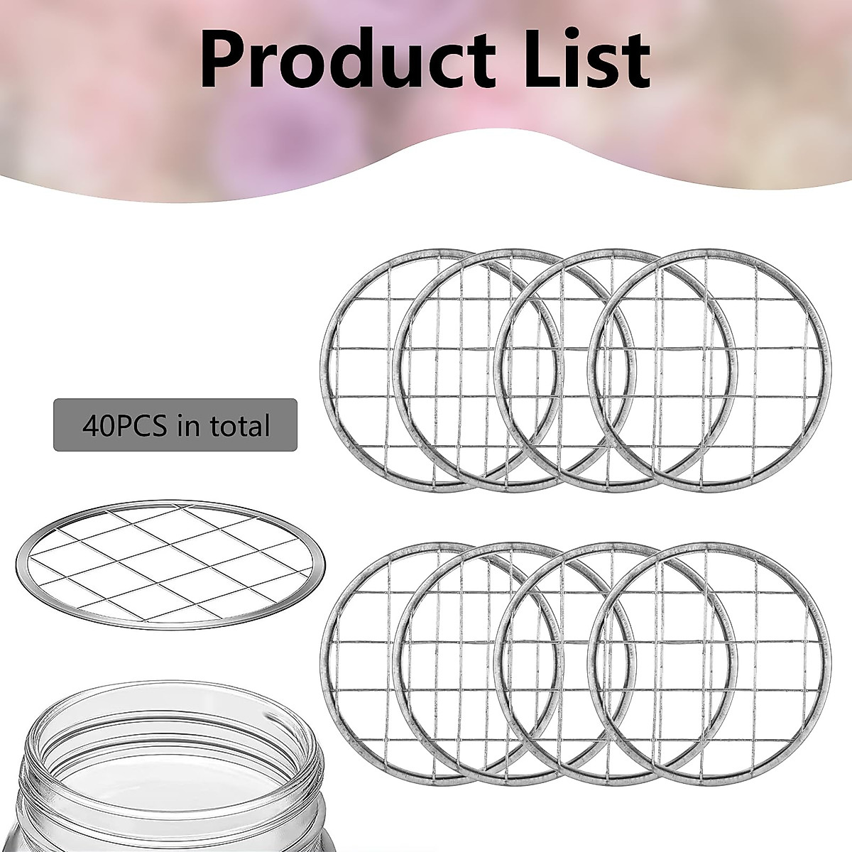 Oungy 40 PCS Mason Flower Jar Frog Insert Lid Metal Flower Lid Insert Mason Grid Flower Organizer Frog Lid Insert Mason Jar Lids with Square Grids for Regular Mouth Mason Canning Jars