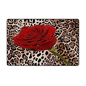 Soft Area Rug for Living Room,Leopard Red Rose Mix Wild Animal Leopard Print Pattern Background Romantic,Large Floor Carpets Doormat Non Slip Washable Indoor Rugs for Bedroom Kids Room 5 x 7Ft