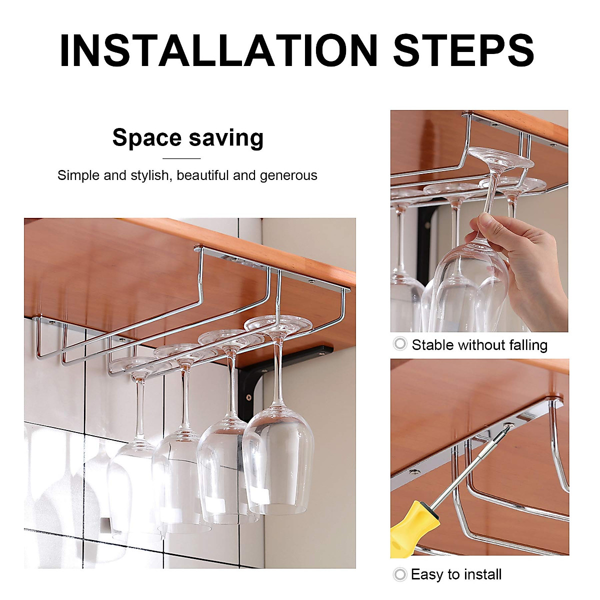 Newthinking Wine Glass Rack Under Cabinet, Stainless Steel Stemware Rack Hanging Stemware Holder for Cabinet Kitchen Bar (Double Row)