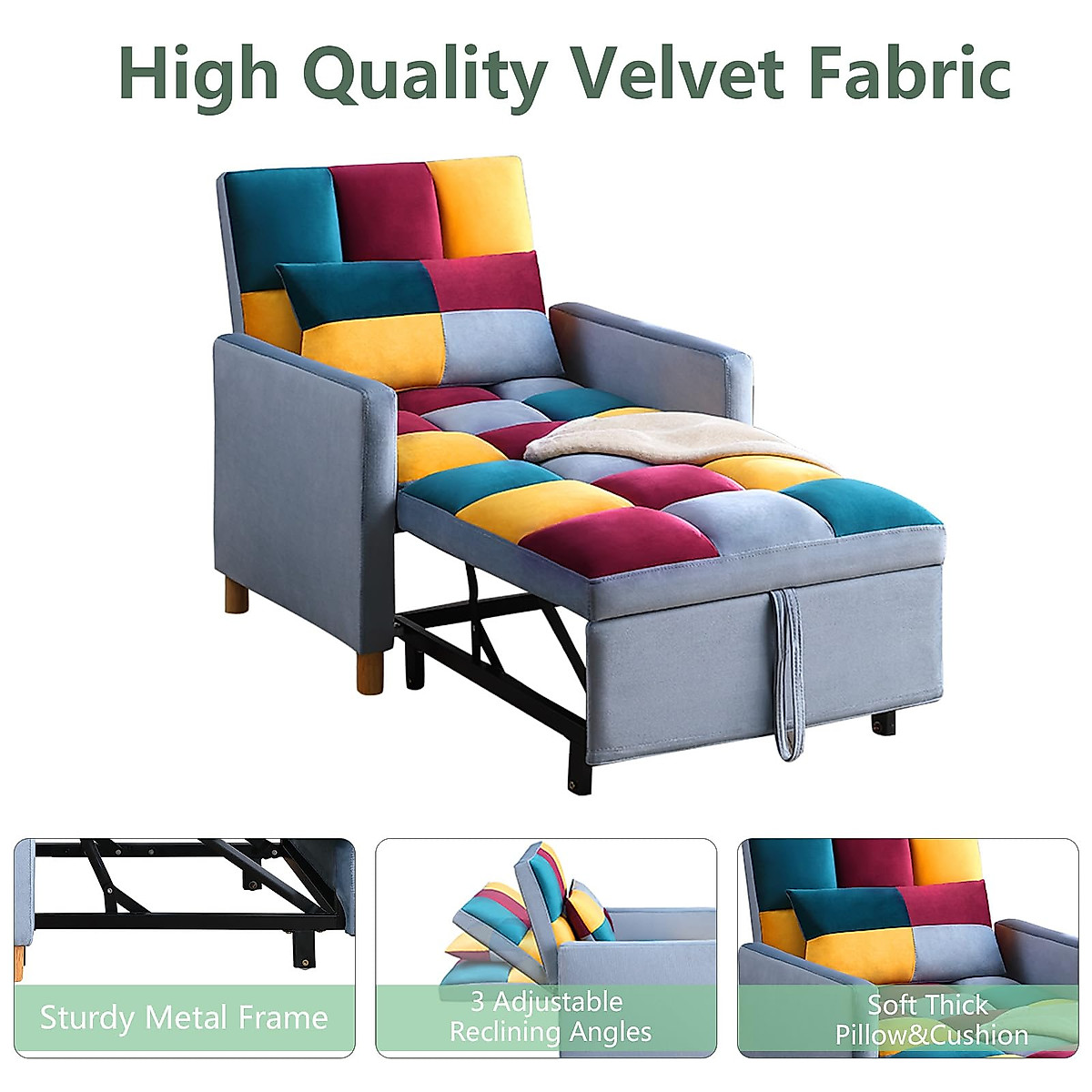 ODUWA Convertible Chair Bed,3-in-1 Sleeper Single Sofa Chair Bed with Pillow,Adjustable Backrest Recliner with Soft Velvet Fabric,Pull Out Sleeper Bed for Living Room,Dorm,Apartment,Bedroom or Office