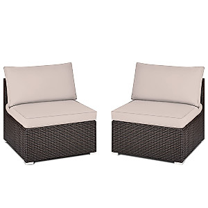 RELAX4LIFE 2-Piece Wicker Armless Sofa - PE Rattan Sectional Sofa Set w/Removable Cushions, All-Weather Sofa Chair Set for Porch, Balcony, Garden, Poolside, Outdoor Patio Sofa (Brown)