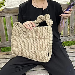 Knoted Trendy quilted tote bag | padded cassette shoulder handbags for women | Puffer Bag Padded bags(Khaki)