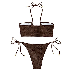 SweatyRocks Women's 2 Piece Bathing Suit Ribbed Tie Side Halter Bikini Swimsuit Coffee Brown XS