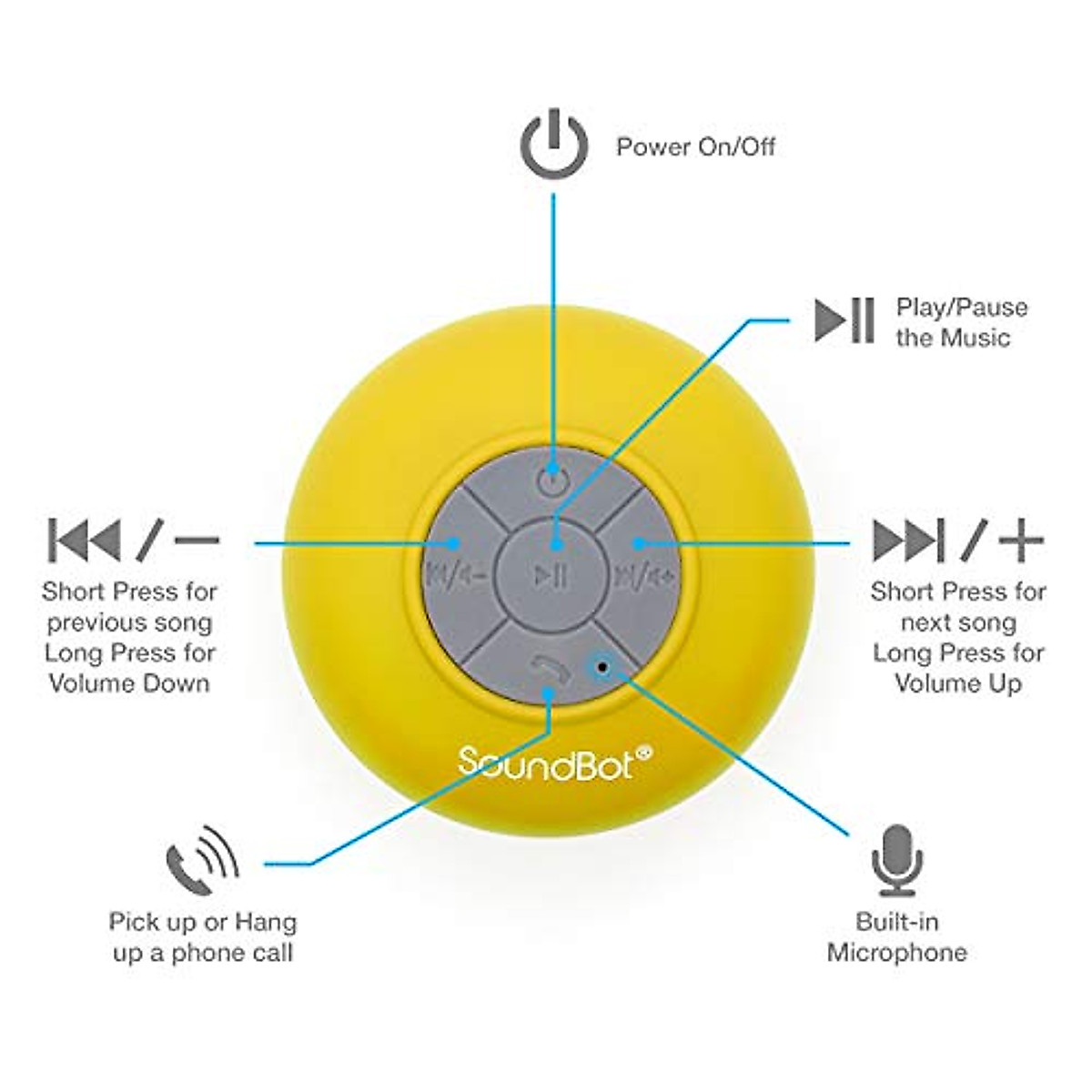 Soundbot SB510 Bluetooth Shower Speaker HD Water Resistant Bathroom Speakers, Handsfree Portable Speakerphone with Built-in Mic, 6hrs of Playtime, Control Buttons and Dedicated Suction Cup (Yellow)