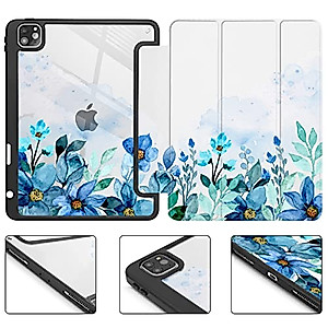 Lepeoac Designed for iPad Pro 12.9 Inch (2022/2021/2020/2018, 6th/5th/4th/3st Generation) with Transparent Shockproof Back Cover [Built-in Pencil Holder] Auto Sleep/Wake, Blue Flower