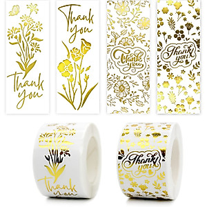 Gold Thank You Stickers 2 Rolls for Small Business 240 Pcs Big Rectangle Wedding Stickers 4 Designs Glitter Flowers Gift Seal Stickers Labels