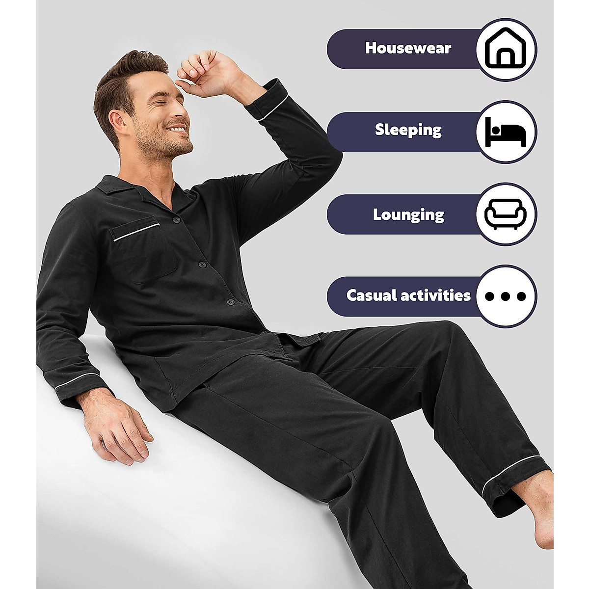 DAVID ARCHY Mens Pajamas Set Soft Cotton Notched Collar Pajamas for Men Long Sleeve Mens Sleepwear with Pockets & Front Fly (M, Black)