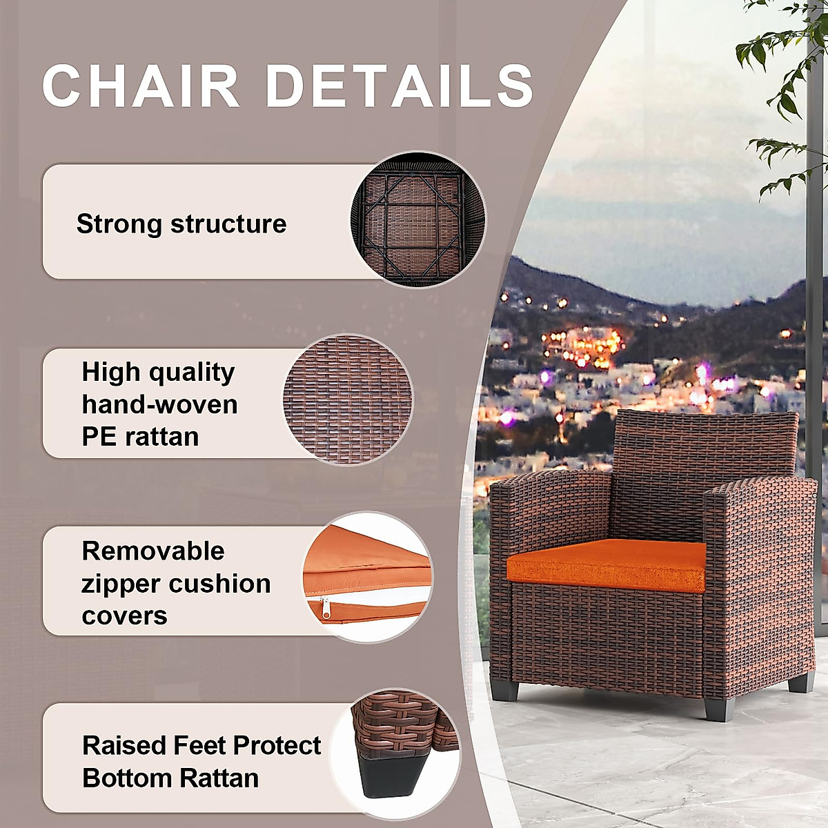 XZHQHB Patio Furniture Set of 3 Wicker Sofa Set with Soft Cushion Bistro Conversation Set Porch Outdoor PE Rattan Garden Chairs Sets with Tempered Glass Top Coffee Table, Brown and Orange