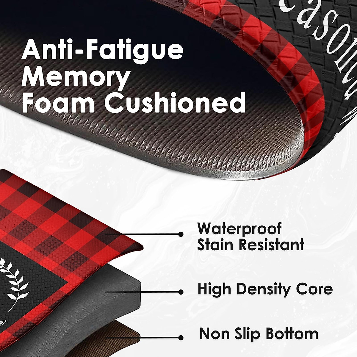 Arttown Anti-Fatigue Kitchen Rug Set of 2 Black Red Buffalo Plaid Cushioned Floor Mat, Standing Waterproof Non-Slip Mat and PVC Ergonomic Comfort Foam Rug for Kitchen