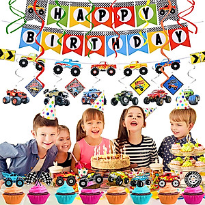 25 PCS Monster Truck Trucks Theme Birthday Party Cake Topper Cupcake Toppers Supplies Decorations Favors Decor Cute Gifts for Games Boys Girls Kids Teen Baby Shower Rewards Prizes Carnival Themed