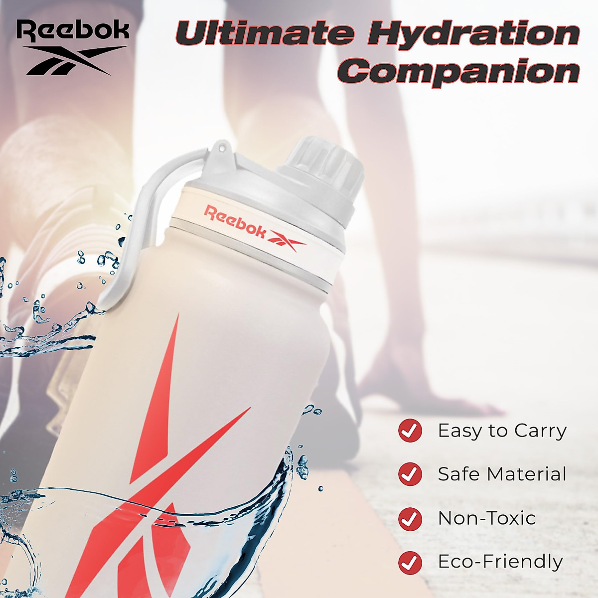 Reebok Stainless Steel Water Bottle With Athletic Design - Insulated Water Bottle 40 oz With Chug Lid - Double Wall Vaccum Insulated Sports Water Bottle, BPA Free (White)