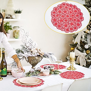 Floral Placemats Wipeable Vinyl Placemats 15 Inch Round Place Mats Farmhouse Kitchen Table Mats Heat Resistant Washable Pressed Vinyl Dining Table Mats Wedding Anniversary Decoration, Red