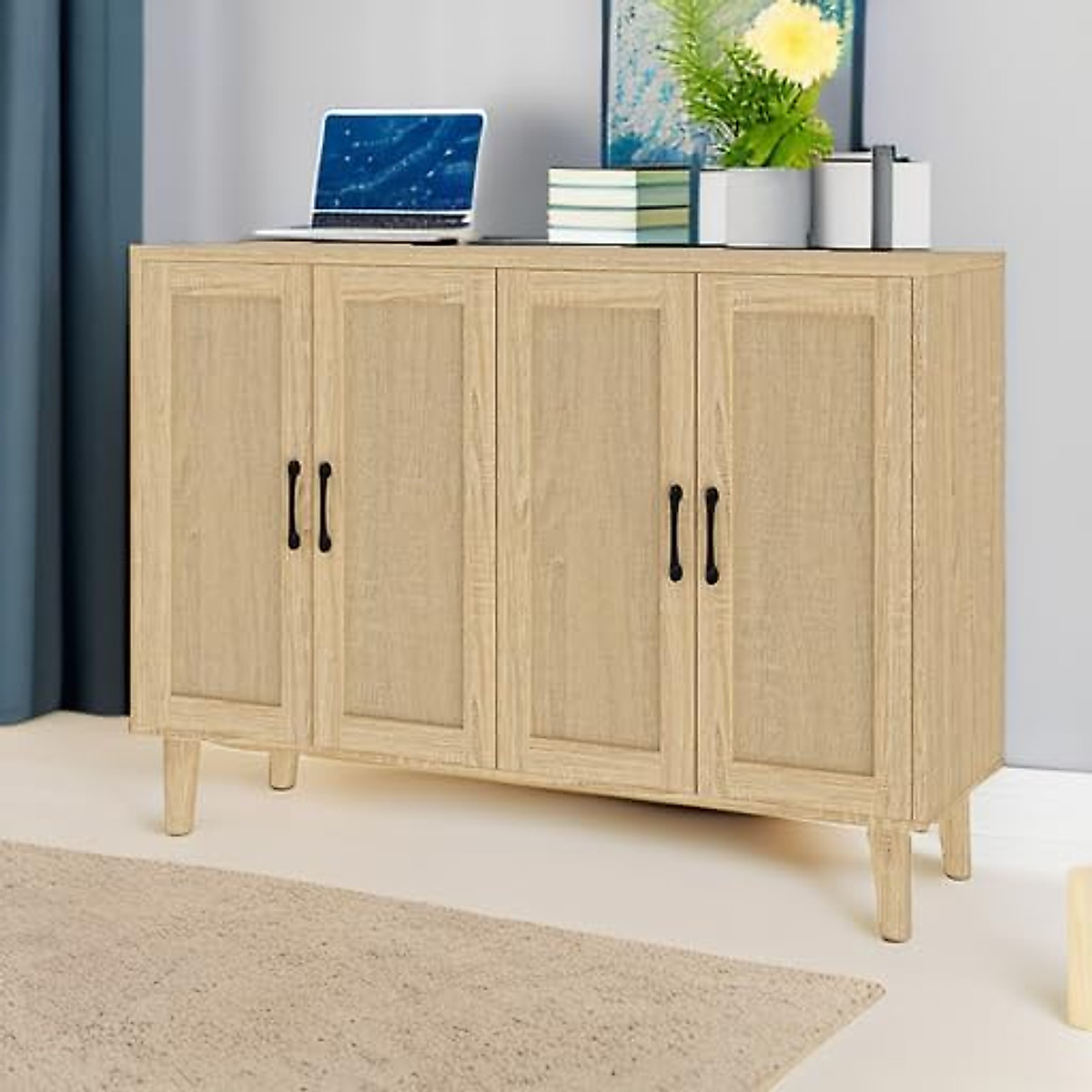 Panana Buffet Storage Cabinet with Rattan Decorating 4 Doors Living Room Kitchen Sideboard 48.43 x 34.65 x 15 inch (Natural Wood)