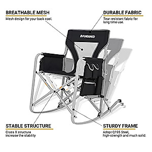 FUNDANGO Rocking Camping Chair for Adults, Oversized Portable Rocking Chair Outdoor Folding with Cooler and Side Pocket for Outside, Backyard, Patio, Lawn, Garden (Black/Grey)