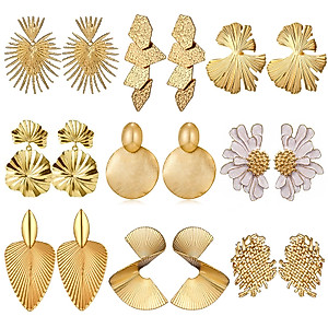 9 Pair Big Gold Earrings Large Gold Disc Flower Bold Earrings for Women Summer Beach Statement Geometric Earrings Jewelry Gifts