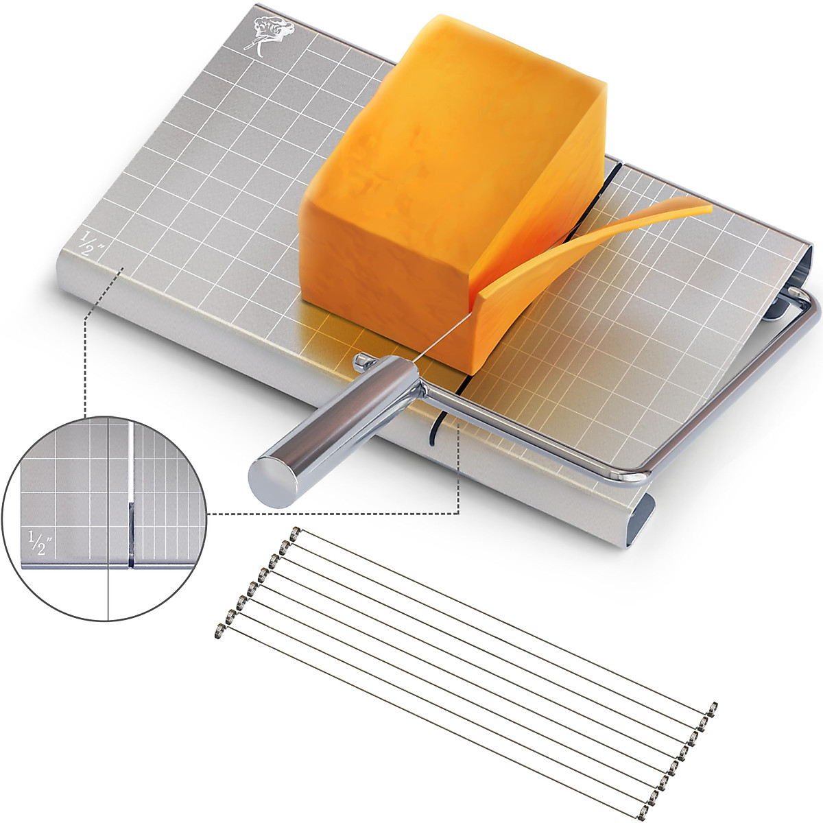 Cheese Slicer With Wire - Cheese Slicers for Block Cheese Incl. 8 Extra Wires with Accurate Size Scale On Cheese Slicer Board for Prices Cuts - Ideal Cheese Cutter with Wire for Charcuterie Boards