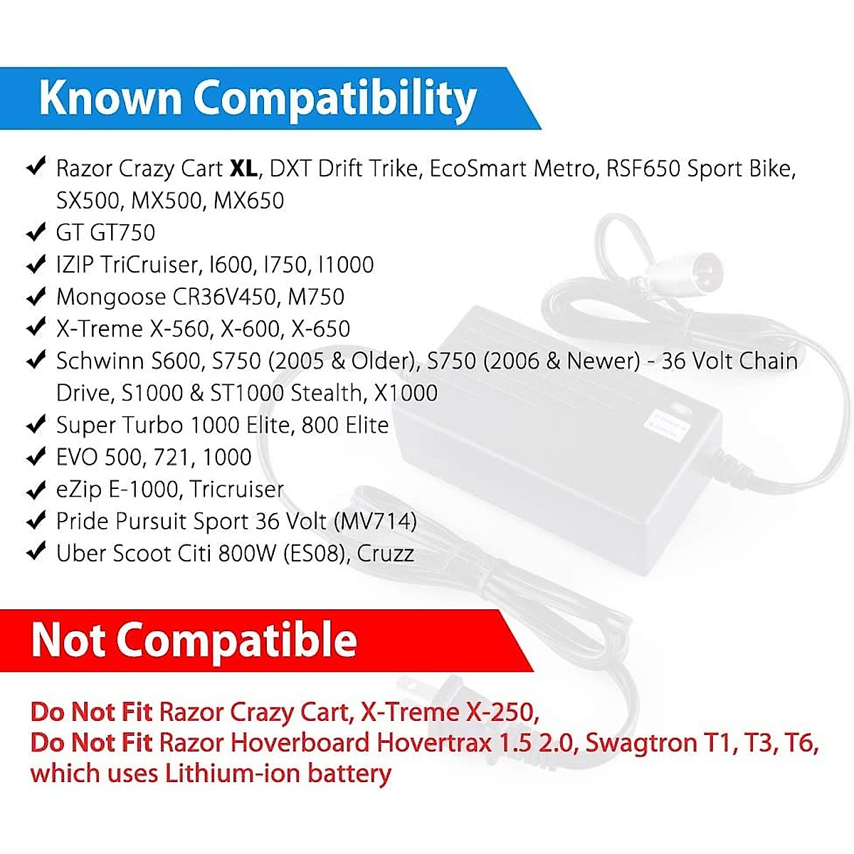 36V 1.5A Battery Charger for Razor MX500 - Premium 36V 1500mA Scooter Quick Charger (3-Pin XLR Connector) for Razor Crazy Cart XL, MX650, Currie, Schwinn S1000, S600, Ezip E1000, X-600 - W15128190014
