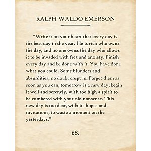 Ralph W Emerson - Write it on Your Heart That Every Day is the Best Day, Classic Home Room Decor, Inspirational Life Quote Wall Art, Book Page Style Gift, Choose Unframed Old Style Poster or Canvas