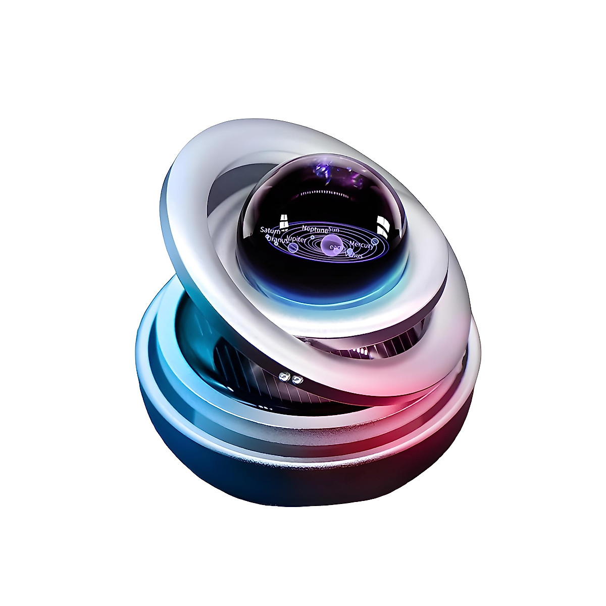Bontand Interstellar Crystal Ball Car Air Freshener Solar Energy Double Ring Rotating Fragrance Gift Car Perfume Decoration (Silver)