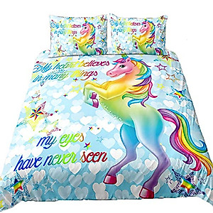 Suncloris,Rainbow Unicorn Fairytale with Sparkling Stars,Bedding Sheet Set .Included:Duvet Cover,Pillowcase(no Comforter Inside) (01, (Full))