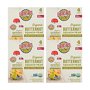 Earth's Best Organic Baby Food Pouches, Stage 2 Fruit and Vegetable Puree for Babies 6 Months and Older, Organic Butternut Squash and Pear Puree, 4 oz Resealable Pouch (Pack of 16)
