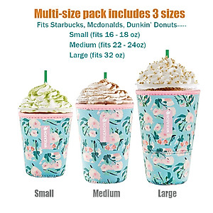 Reusable Iced Coffee Insulator Sleeve for Cold Beverages and Neoprene Cold Coffee Cup Sleeves Cooler Cover 16-32OZ for Coffee Cups, McDonalds, Dunkin Donuts, More(Floral green)