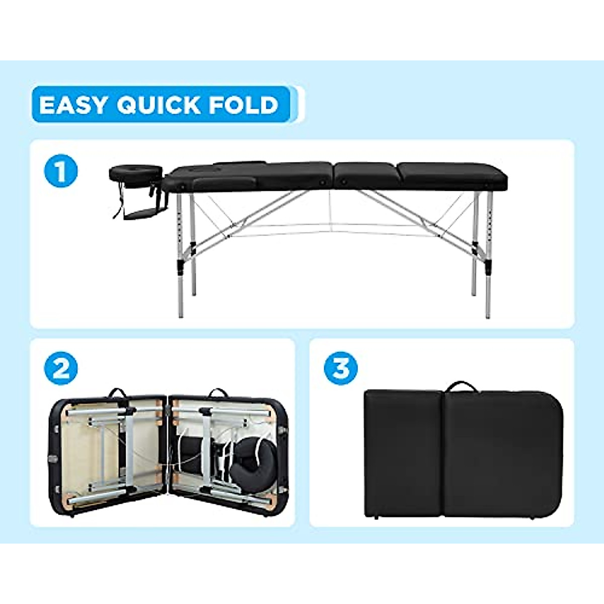Massage Table Portable Massage Bed 3 Folding 73 Inch Height Adjustable Aluminium Salon Bed Carry Case Tattoo Table Facial Bed Hold Up to 450LBS (Black)