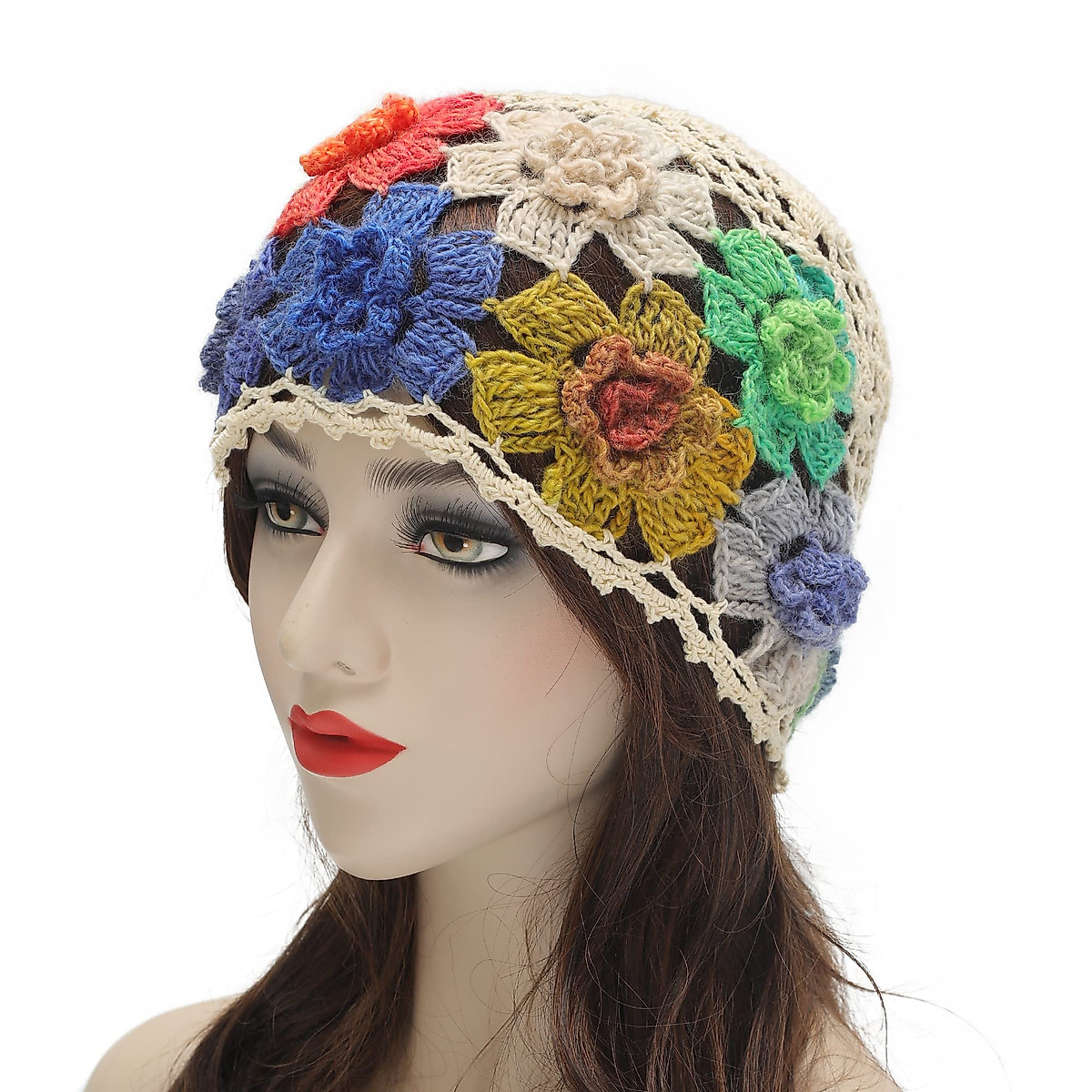 ZLYC Women Cotton Crochet Skull Cap Handmade Knit Cutout Floral Beanie Hat (Flowers Beige)