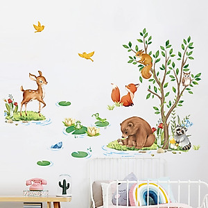 decalmile Forest Animals Tree Wall Stickers Bear Fox Deer Wall Decals Kids Bedroom Playroom Baby Nursery Wall Decor