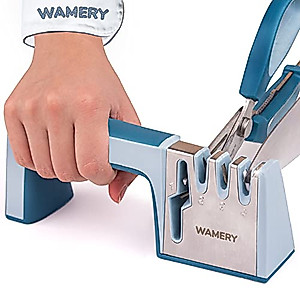 Wamery Knife and Scissors Sharpener 4-Stage. Repairs, Restores, & Polishes Blades of Any Hardness. Ergonomic Handle & Anti-Slip Safe Pads. Kitchen Knife Sharpener. Sharpening Tool for Knives & Shears.