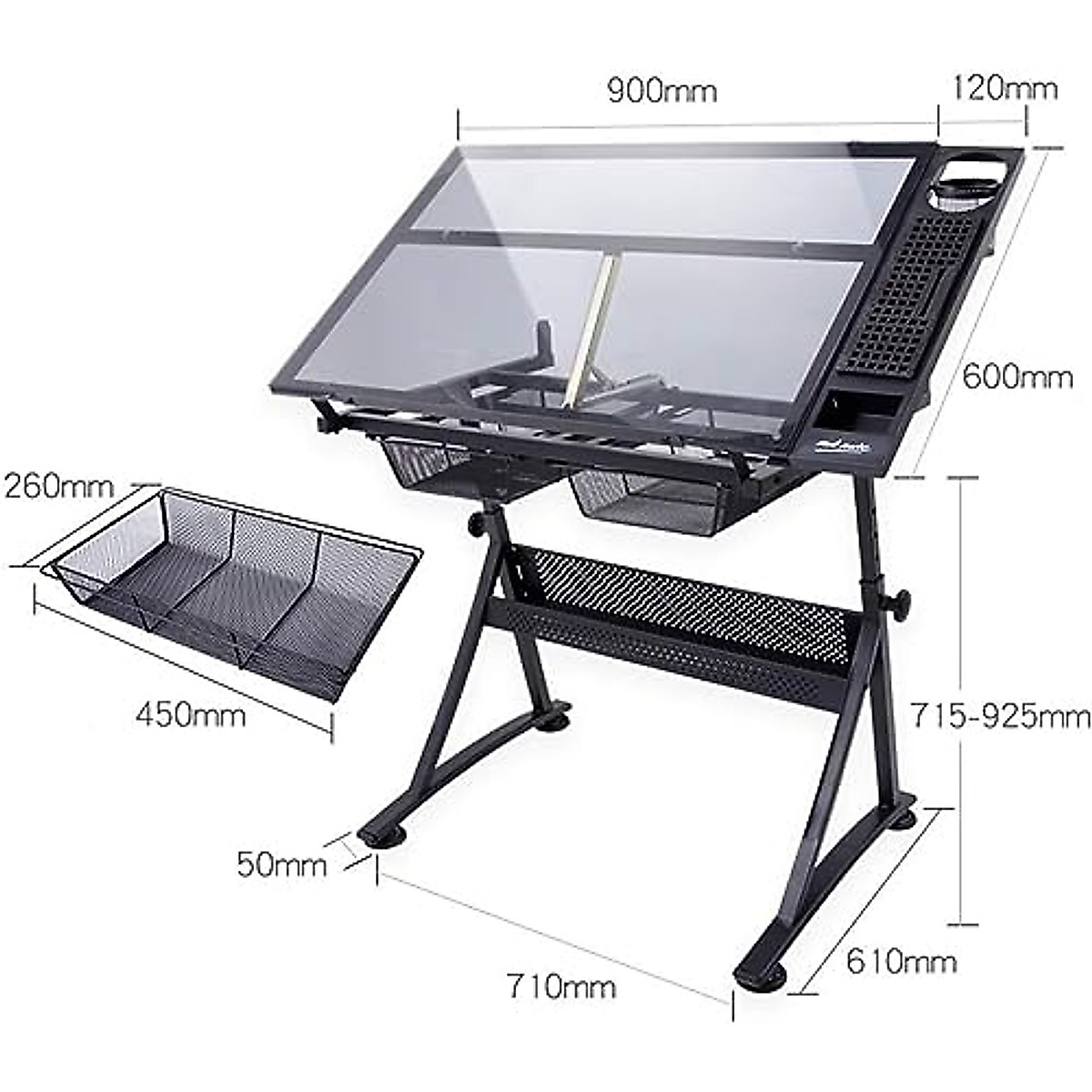 XiVue Drafting Table with Storage, Height Adjustable Tiltable Art Desk, Glass Panel Drawing Desk, for Work Study Painting Craft Table