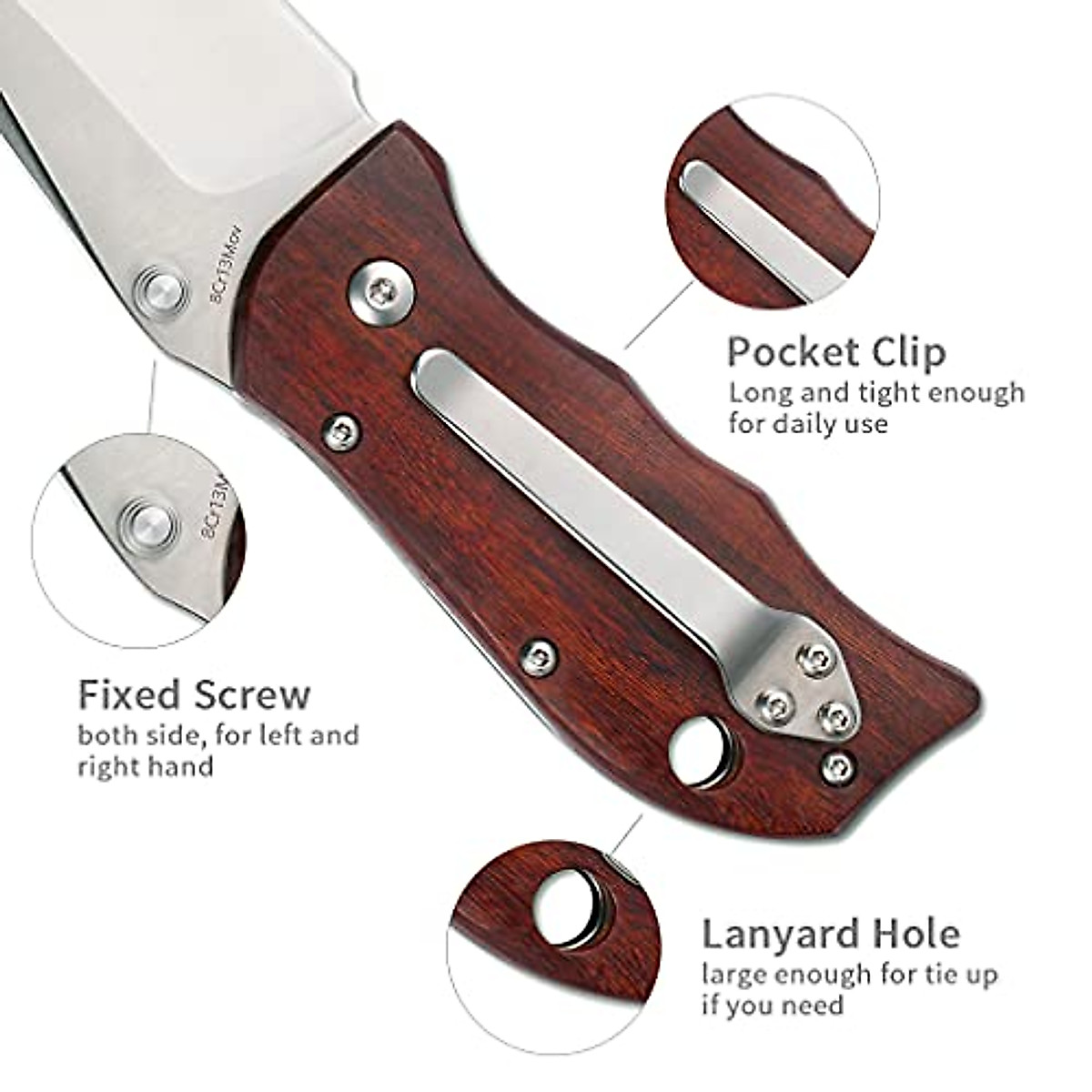 EZKIT Folding Pocket Knife, EDC Knife, 8Cr13MoV Steel, Easy One Hand Open, Wood Handle, Deep Pocket Clip, Blade Length 2.7inch