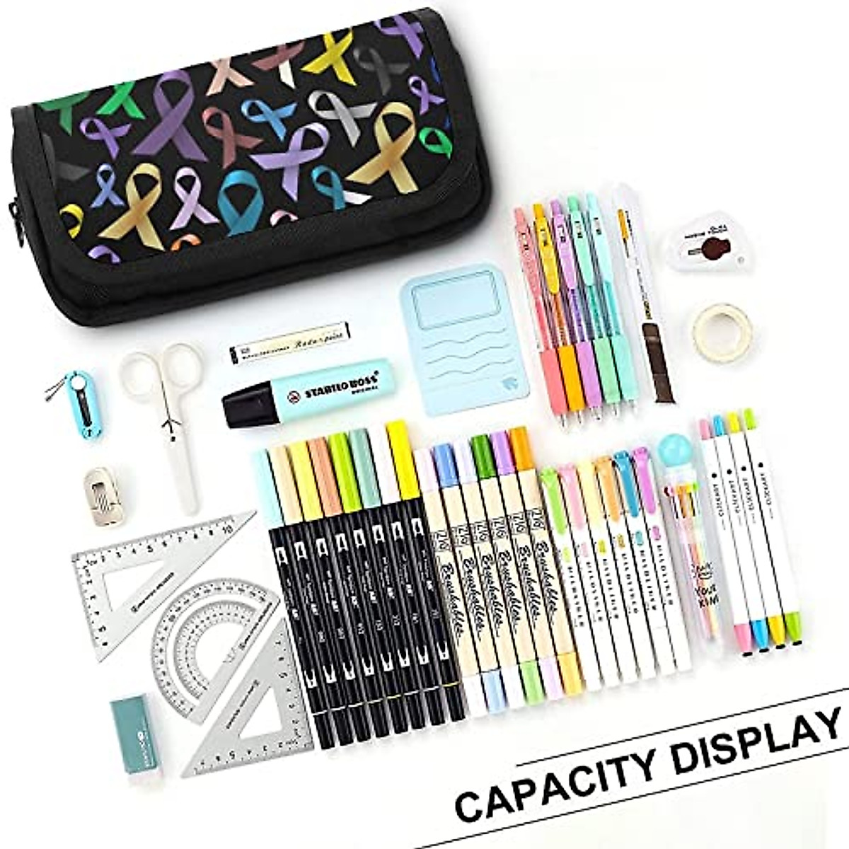 Cancer Awareness Color Ribbons Large Capacity Pencil Case Multi-Slot Pencil Bag Portable Pen Storage Pouch with Zipper