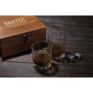 Whiskey Stones Gift Set - 8 Granite Chilling Whisky Rocks - 2 Large Crystal Whiskey Drinking Glasses - 2 Coasters in Handmade Wooden Box – Premium Bar Accessories for the Best Tasting Beverages