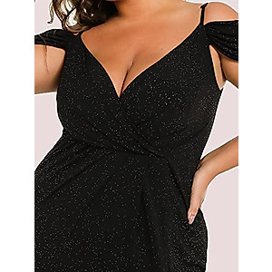 Ever-Pretty Plus Women's Curve V-Neck Cap Sleeves Leg Slit Long Plus Size Dress for Women Formal Black US22