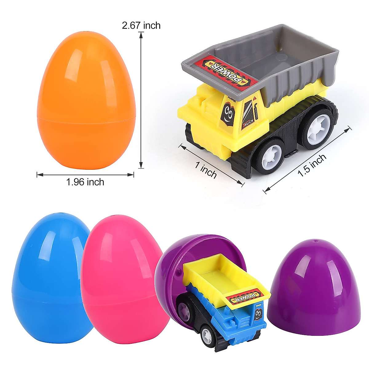 12 Pcs Easter Eggs Prefilled with Pull Back Cars for 3-6 Year Old Boys, Pull Back Construction Vehicle and Race Car for Easter Party Favors, Easter Basket Stuffers, Easter Egg Fillers,Easter Eggs Hunt