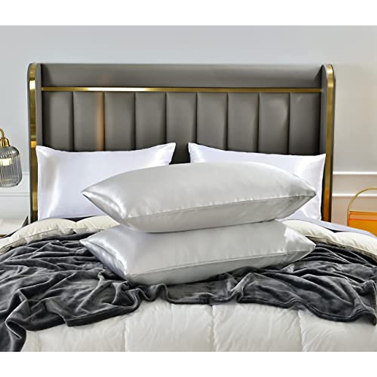 Pack of 2 Satin Pillowcases for Hair and Skin, Satin Pillow Cases Set of 2 Pillow Cover with Envelop Closure (King, Silver)