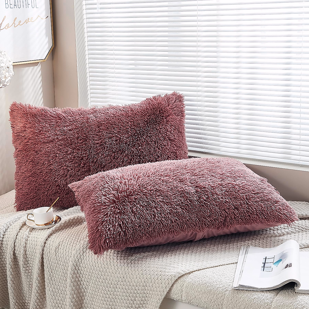 JAUXIO Long Faux Fur Soft Soild Decorative Pillowcase Fluffy Throw Pillow Cover Velvet Shaggy Plush Cushion Case Set of 2 Zipper Closure Queen Size (Dusty Rose, 20"X26")