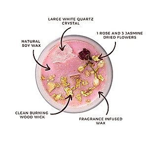 Healing Crystal Candle - 10oz Handmade Soy Candle with Crystals and Flowers Inside | Spiritual Gifts for Women | Elegantly Packaged in a Gift Box with a Real Ribbon. (Pink Champagne)