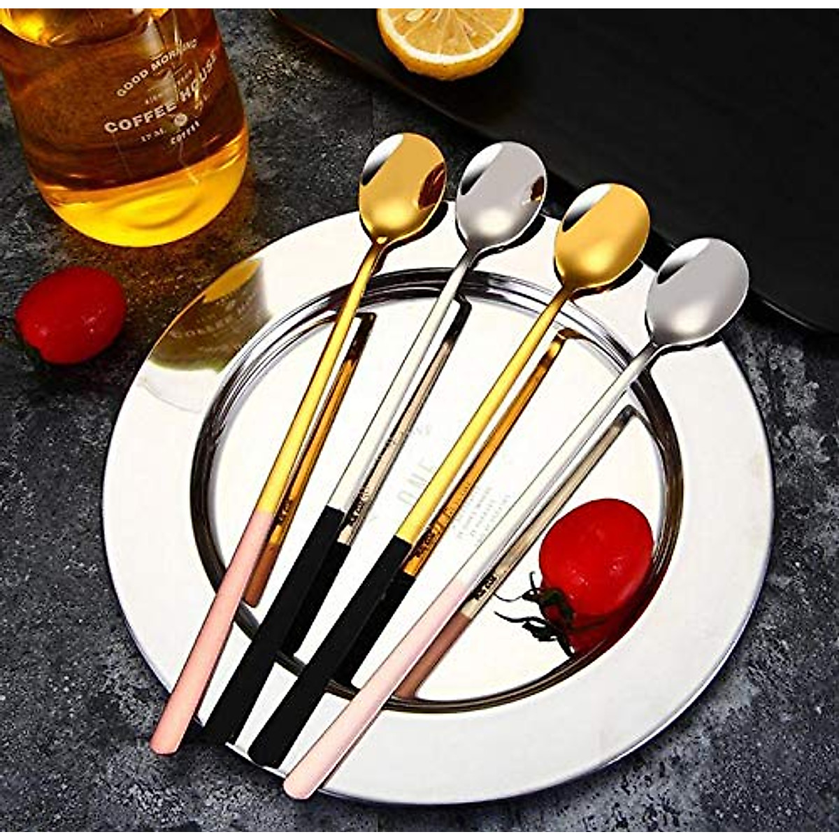 MBBITL 6-Pack Black Gold 9" Ice Coffee Spoon Iced Teaspoon for Mixing Cocktail Stirring Tea Milkshake Cold Drink Stainless Steel