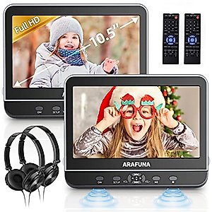 10.5" Dual Portable DVD Player with HDMI Input, Arafuna Car DVD Player Dual Screen Play A Same or Two Different Movies, Headrest DVD Player for Car Support 1080P HD Video, USB/SD,Last Memory