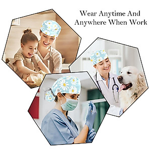 Mersov Little Daisy White Flowers Light Blue Working Cap with Button & Sweatband, 2 Packs Reusable Surgical Surgery Hats Ponytail Holder, Light Blue,white, Medium-3X-Large